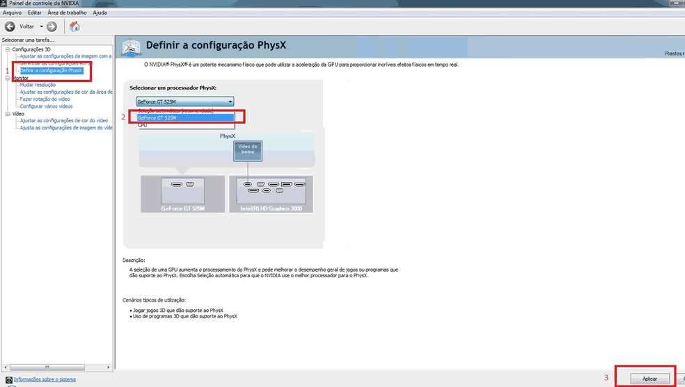 Painel de controle NVIDIA GeForce GT 525M